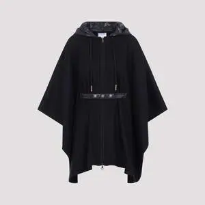 Moncler Wool-blend Cape With Hood And Belted Detail - Blue