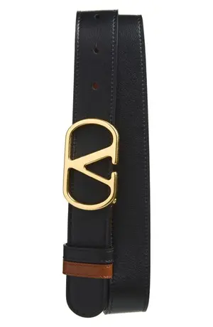 Valentino Garavani Vlogo Buckle Reversible Leather Belt - Black/camel