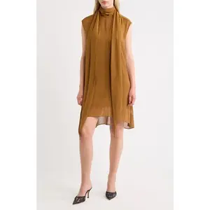 FRAME Sleeveless Silk Tie Neck Shift Dress - Bronze