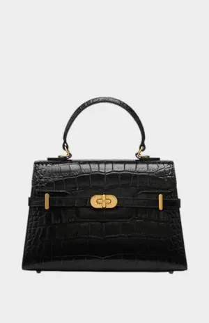 MI BOLSA LONDON Kensington Croc Embossed Leather Top Handle Bag - Black