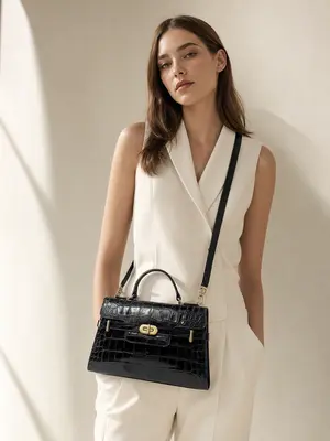 MI BOLSA LONDON Kensington Croc Embossed Leather Top Handle Bag