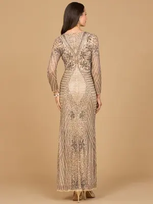 LARA NEW YORK Long Sleeve Beaded Maxi Gown - Nude