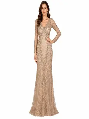 LARA NEW YORK Long Sleeve Beaded Maxi Gown - Nude