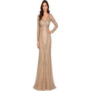 LARA NEW YORK Long Sleeve Beaded Maxi Gown - Nude