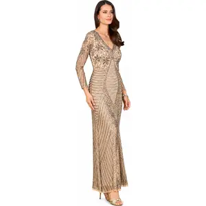 LARA NEW YORK Long Sleeve Beaded Maxi Gown - Nude