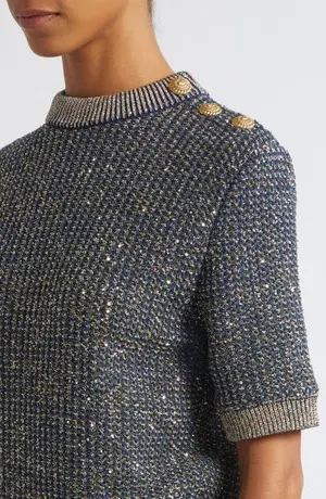 Balmain Sequin Crewneck Short Sleeve Sweater