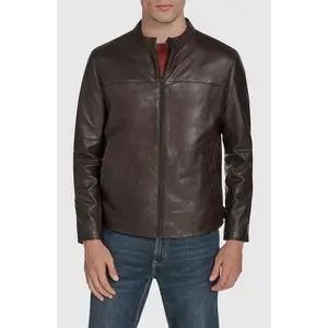 Andrew Marc Leather Racer Jacket - Dark Brown
