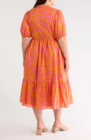 SUGARLIPS Floral Print Puff Sleeve Midi Dress