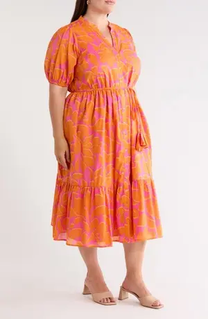 SUGARLIPS Floral Print Puff Sleeve Midi Dress