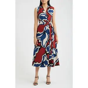 Anne Klein Surplice Wrap Midi Dress - Rust Multi