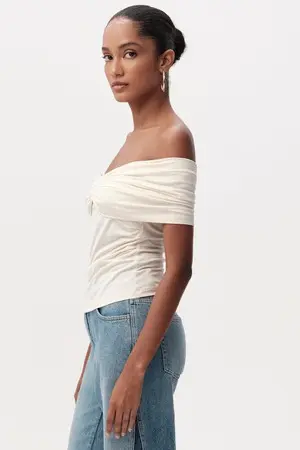 EXQUISE Artus Off Shoulder Knit Blouse With Metal Buckle - Cream