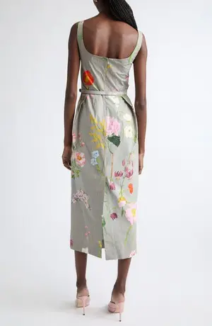 Oscar De La Renta Mixed Botanical Pleated Cotton Stretch Poplin Midi Dress