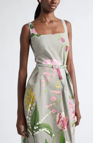 Oscar De La Renta Mixed Botanical Pleated Cotton Stretch Poplin Midi Dress