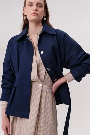 EXQUISE Notched Collar Pleated Belted Trench Coat