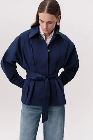 EXQUISE Notched Collar Pleated Belted Trench Coat