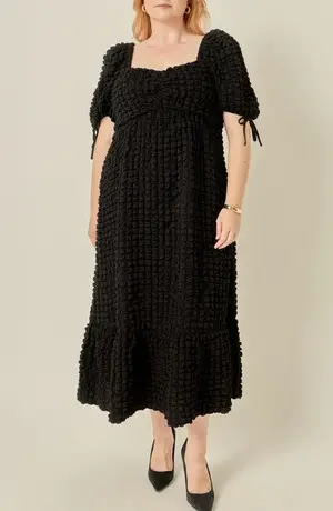 Endless Rose Textured Puff Sleeve Sweetheart Neck Midi Dress - Black