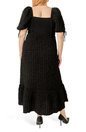 Endless Rose Textured Puff Sleeve Sweetheart Neck Midi Dress - Black
