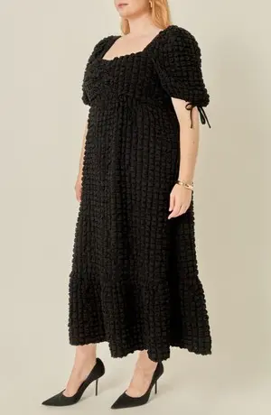 Endless Rose Textured Puff Sleeve Sweetheart Neck Midi Dress - Black