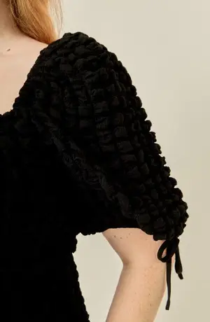 Endless Rose Textured Puff Sleeve Sweetheart Neck Midi Dress - Black