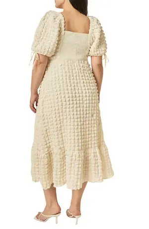 Endless Rose Textured Puff Sleeve Sweetheart Neck Midi Dress