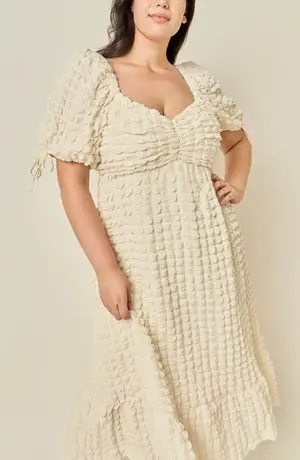Endless Rose Textured Puff Sleeve Sweetheart Neck Midi Dress