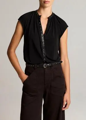 Vince Studded Matte Jersey Cap-sleeve Top - Black