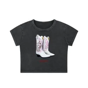 ACID CAT White Cowboy Boot Graphic Crop T-shirt