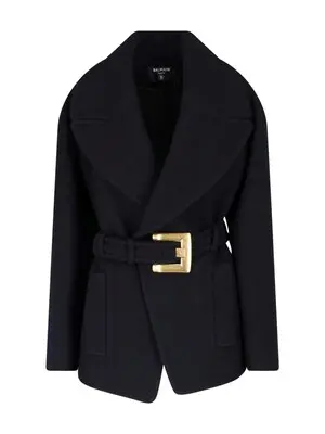 Balmain Virgin Wool Belt Coat - Black