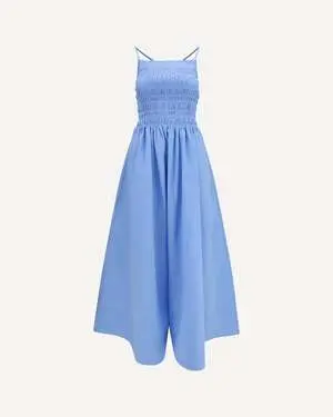 GANNI Ganni Poplin Maxi Dress With Ruched Bodice And Tie Detail Light Blue