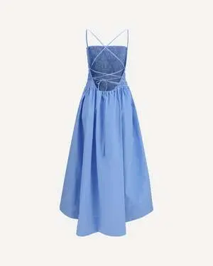 GANNI Poplin Maxi Dress With Ruched Bodice And Tie Detail - Light Blue