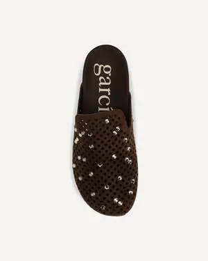 PEDRO GARCIA Braidy Suede Mules With Rhinestone Embellishments - Brown