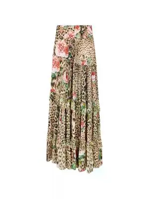 Roberto Cavalli Leopard-print Floral Motif Tiered Maxi Skirt