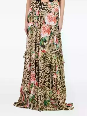 Roberto Cavalli Leopard-print Floral Motif Tiered Maxi Skirt