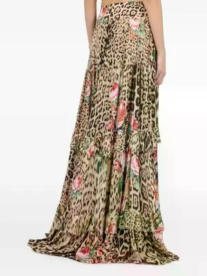 Roberto Cavalli Leopard-print Floral Motif Tiered Maxi Skirt