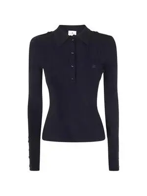 COURREGES Ribbed Knit Logo Detail Polo Shirt - Black