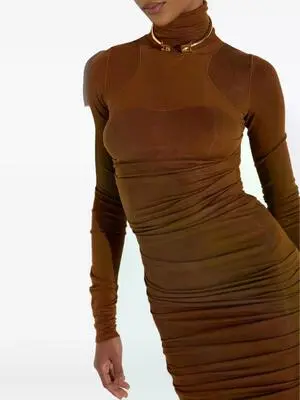 Elisabetta Franchi Long Sleeve Midi Dress With Ribbed Insert - Brown