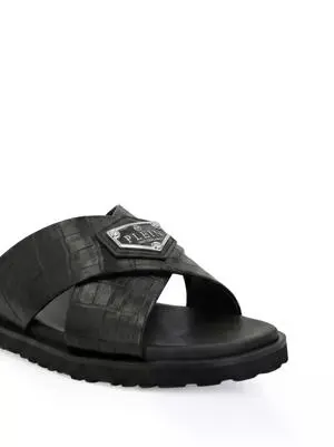Philipp Plein Leather Criss-cross Slippers With Cocco Print