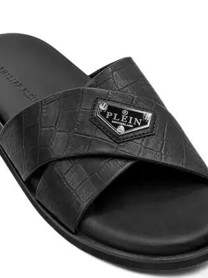 Philipp Plein Leather Criss-cross Slippers With Cocco Print