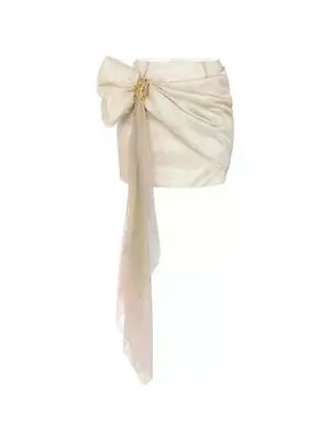 Elisabetta Franchi Crepon Mini Skirt With Micro-polka Dot Print And Maxi Bow Detail - Neutrals