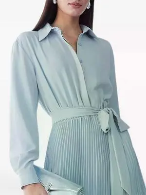 WILLA Pleated Belted Shirt Midi Dress - Blue