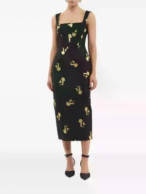 Rebecca Vallance Mariya Midi Dress In Metallic Gold Rose Jacquard