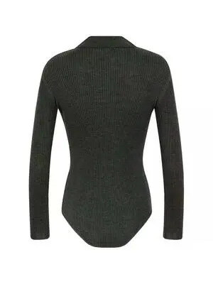 CAYET Ribbed Knit Bodysuit With Spread Collar