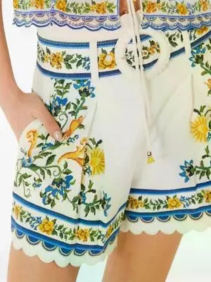 Farm Rio Emily Floral-print Scalloped-edge Shorts - White