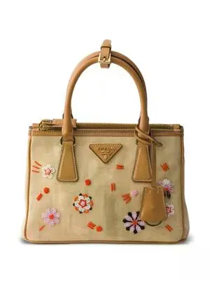 Prada Galleria Small Canvas And Leather Embroidered Bag - Neutrals