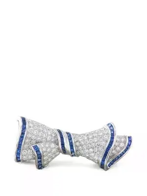 LB EXCLUSIVE 18k Yellow Gold And Platinum Diamond And Sapphire Bow Brooch - Silver