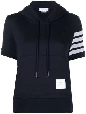 Thom Browne Short-sleeved Drawstring Hoodie With Four-stripe Detail - Navy