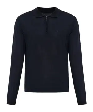 Emporio Armani Zip-neck Embroidered Logo Polo Shirt - Blue Navy