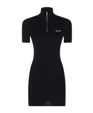 Miu Miu Ribbed-knit Logo Embroidered Mini Dress - Navy Blue