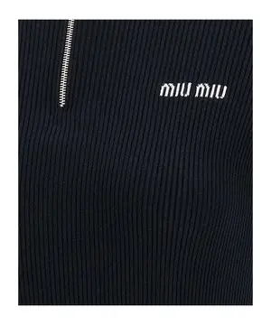 Miu Miu Ribbed-knit Logo Embroidered Mini Dress - Navy Blue