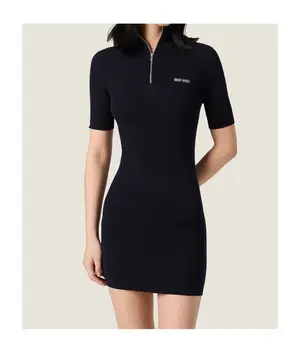 Miu Miu Ribbed-knit Logo Embroidered Mini Dress - Navy Blue